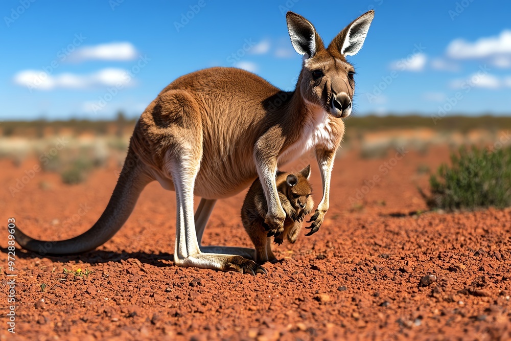 A kangaroo hopping across the Australian outback, carrying her joey in ...