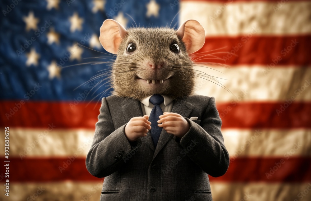 A rat politician standing in front of a national flag, wearing a suit ...