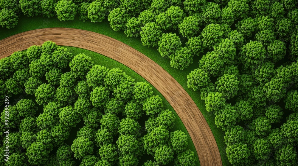 Curved wooden path through dense green forest Aerial view of a curved ...