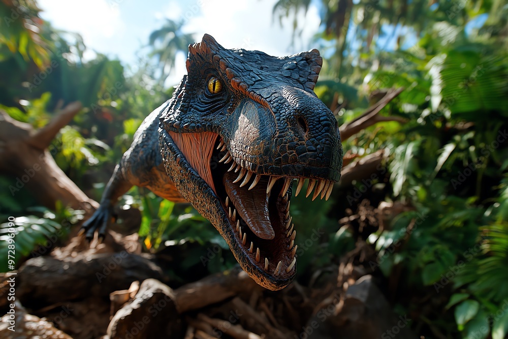 A predator-prey chase through the jungle, with an Allosaurus racing ...