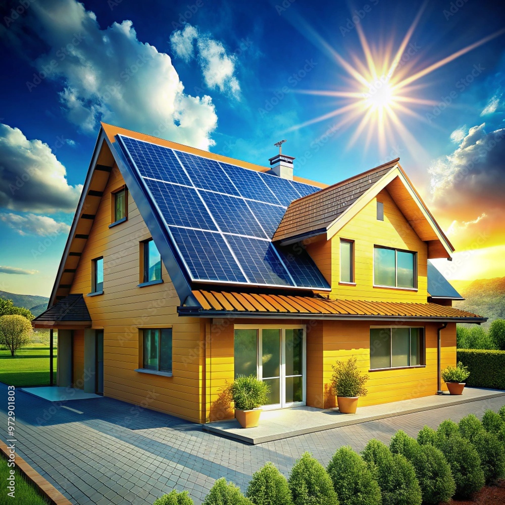 modern house with sun panels energy on the roof green building Eco-friendly creative idea ...