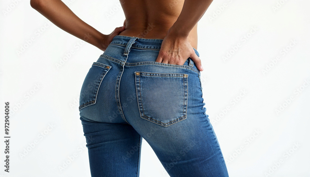 Product photography of a Latin woman modeling jeans, focused on fit and ...
