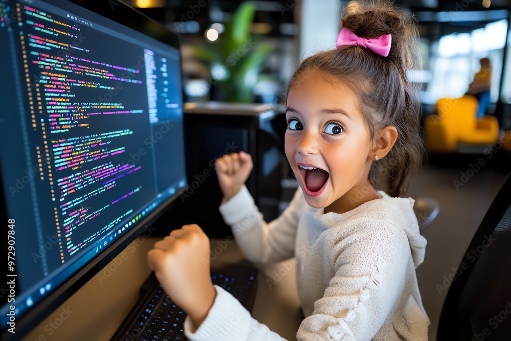 A young girl coding her first program, with lines of code on the screen ...
