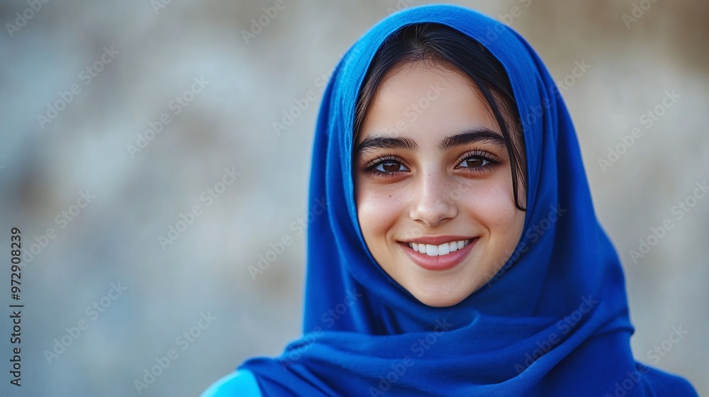 heartwarming portrait of young Arabian girl in blue hijab displaying ...