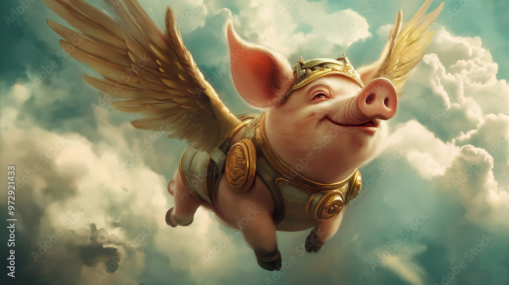 Whimsical Flying Pig with Wings Soaring Above the Clouds in a Dreamlike ...
