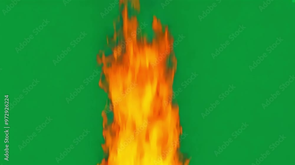 Realistic fire is burning in place on a solid green screen background ...