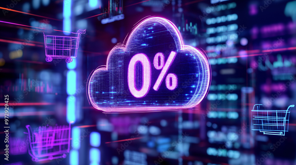 A stylized cloud with a large "0%" symbol, surrounded by floating ...