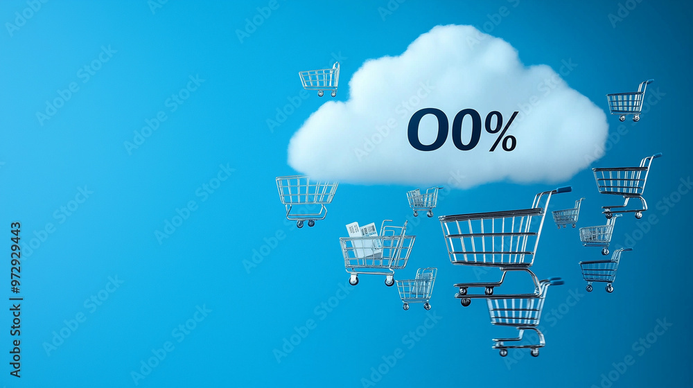 A stylized cloud with a large "0%" symbol, surrounded by floating ...
