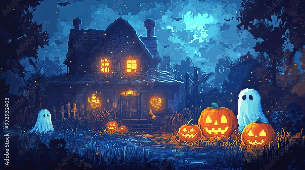 11. Halloween-themed video game scene, featuring a pixelated haunted ...