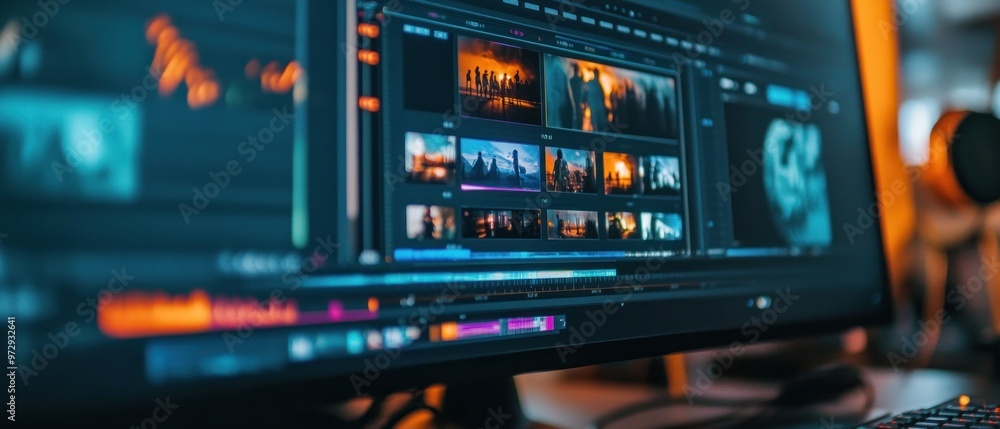 Computer monitor screen display of photo video editing process with ...