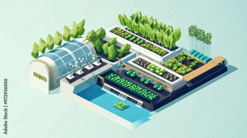 An isometric illustration showcases hydroponic plants, using vector ...