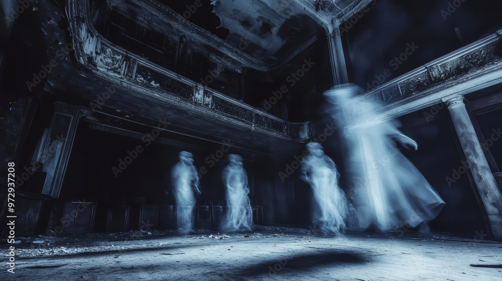 Ghostly shadows dancing on the floor of an abandoned theater, their ...