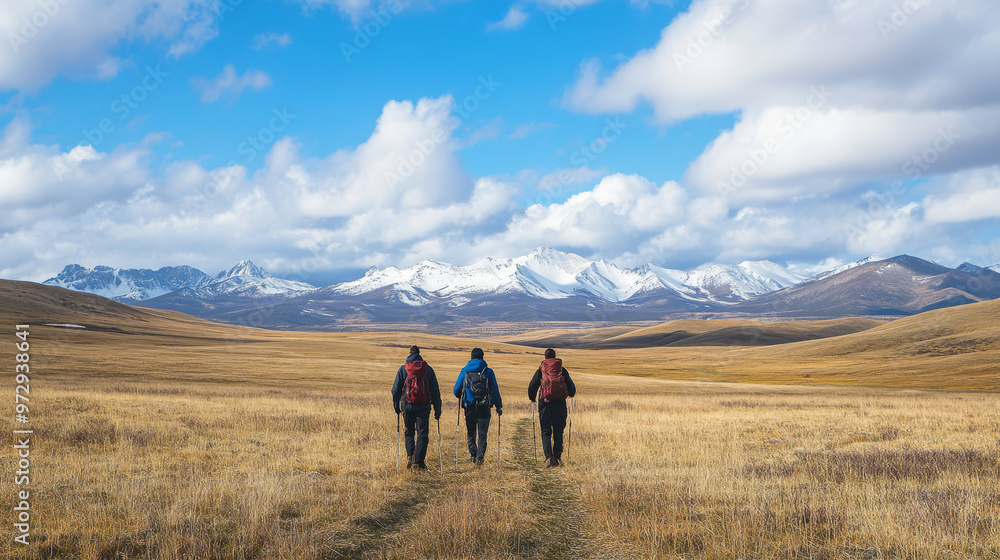 Hikers trekking through the wild Mongolian wilderness, snow-capped ...