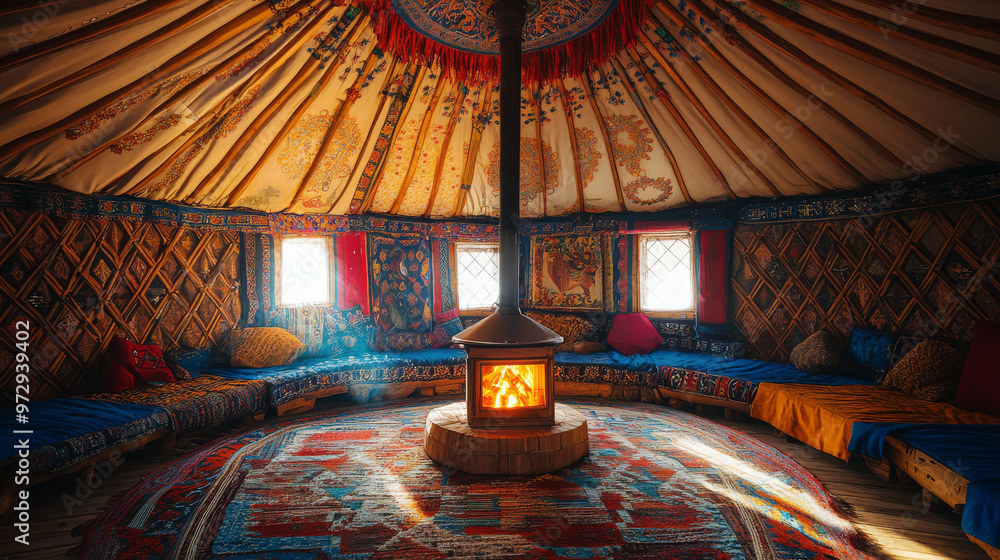 Interior of a Mongolian yurt, beautifully decorated with traditional ...