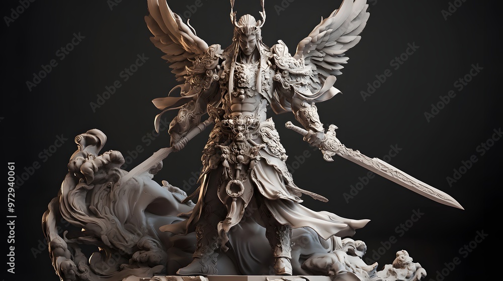 50. **Detailed 3D model of a celestial guardian with ornate armor and ...