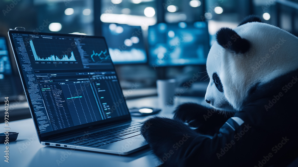 A panda in a modern office, paws on the keyboard, while multiple ...
