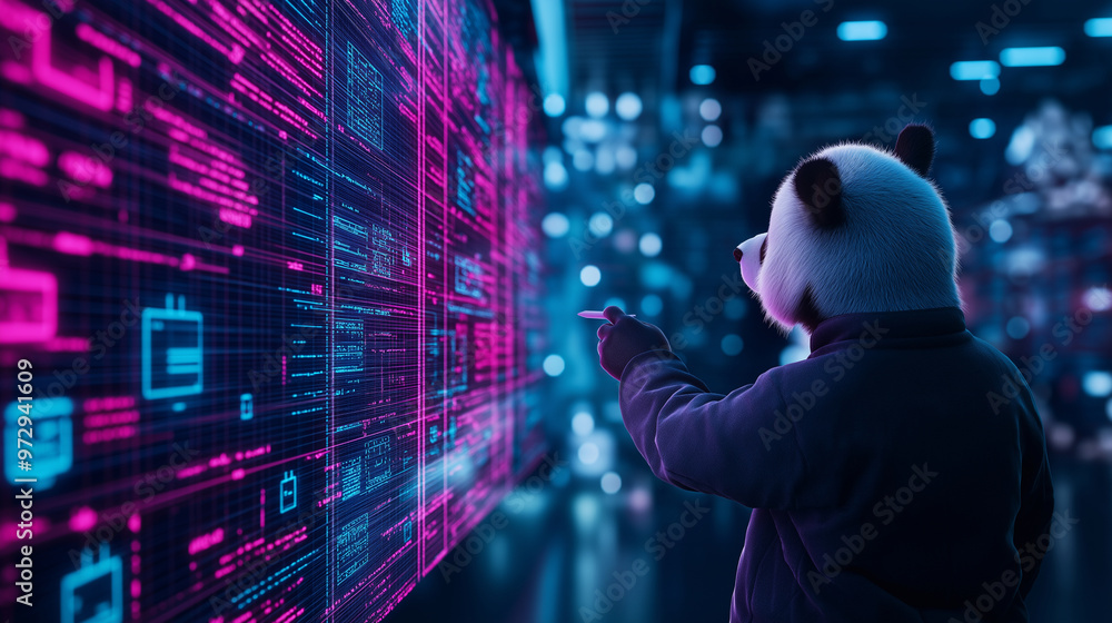 A panda pointing at a giant screen with detailed data visualizations ...