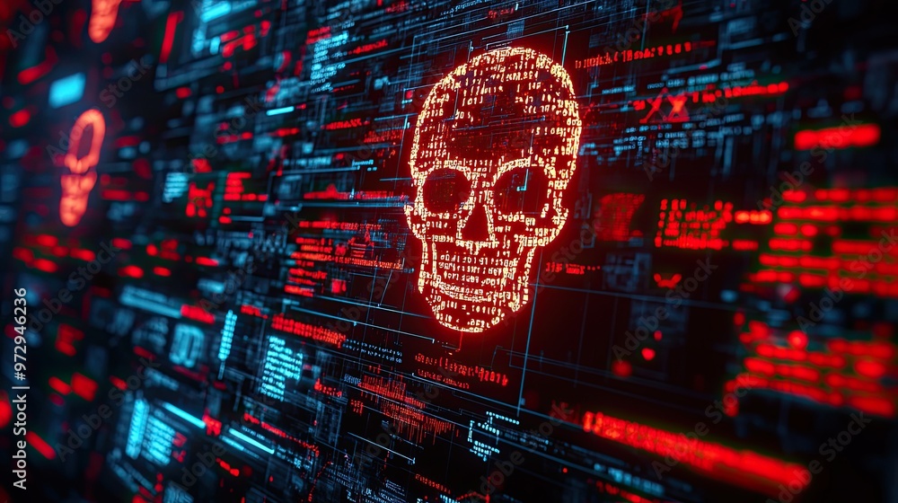 39. Cybersecurity threat landscape, with a digital skull icon appearing ...