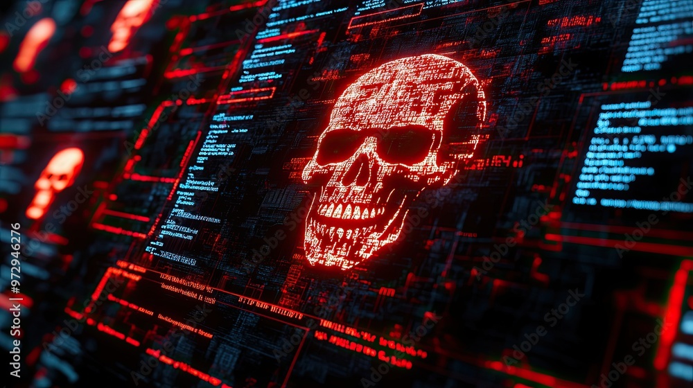 39. Cybersecurity threat landscape, with a digital skull icon appearing ...