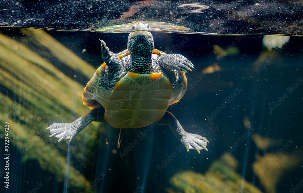 Diamondback Terrapin swimming in an aquarium at a zoo in Georgia. These ...