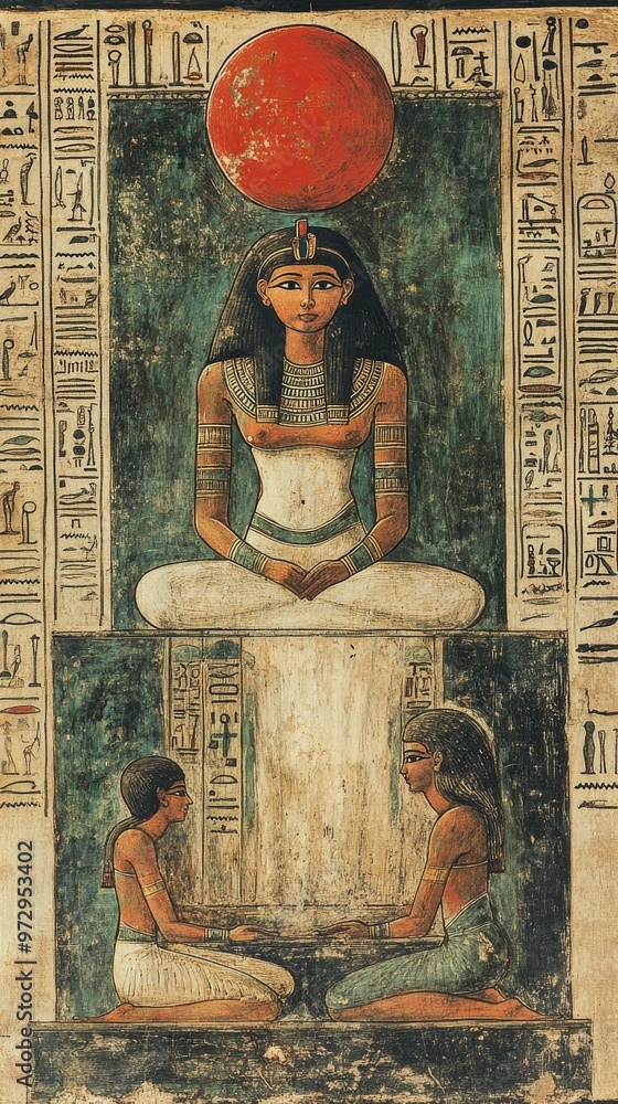 Image shows an ancient Egyptian painting with a seated figure wearing a ...
