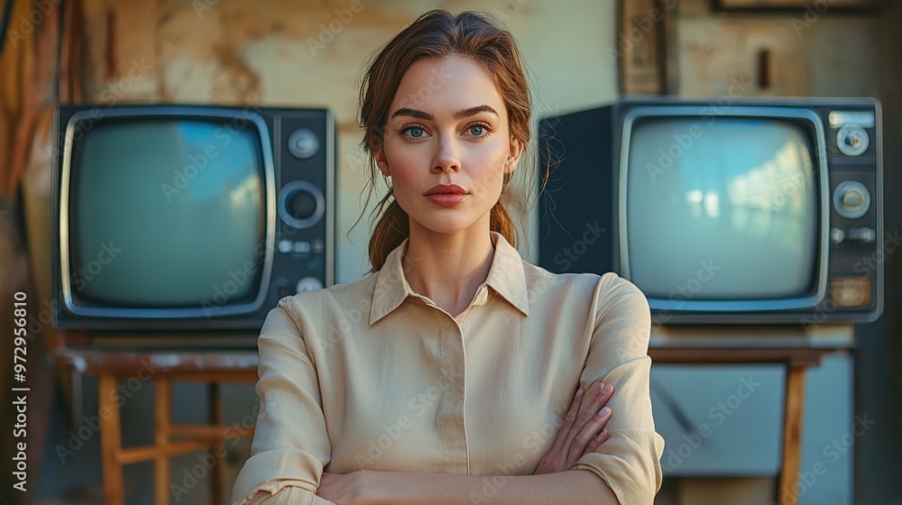 professional female presenter standing before an old TV, a scene ...