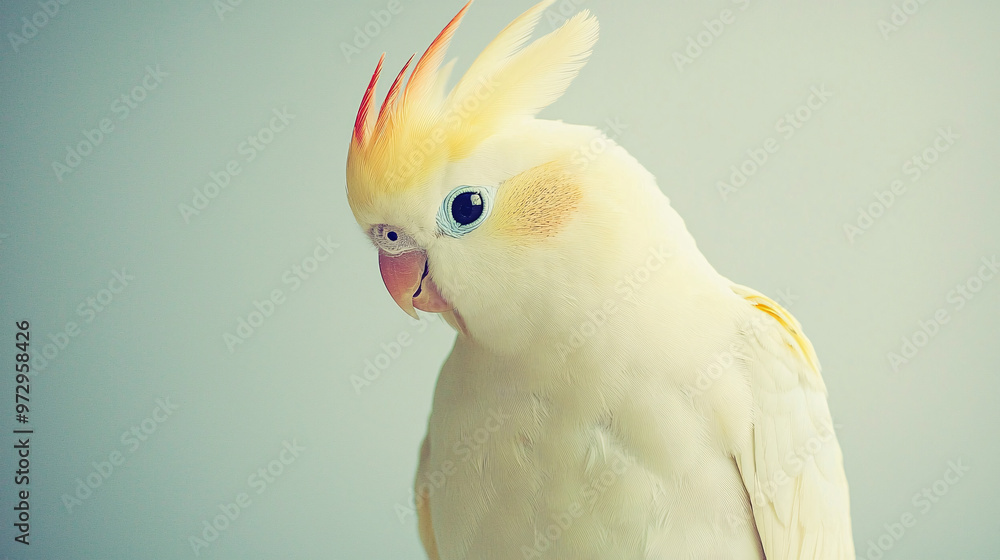 A close-up view of a cockatiel grooming itself, with a vintage style ...