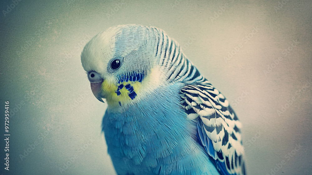 A close-up view of a budgerigar grooming itself, with a vintage style ...