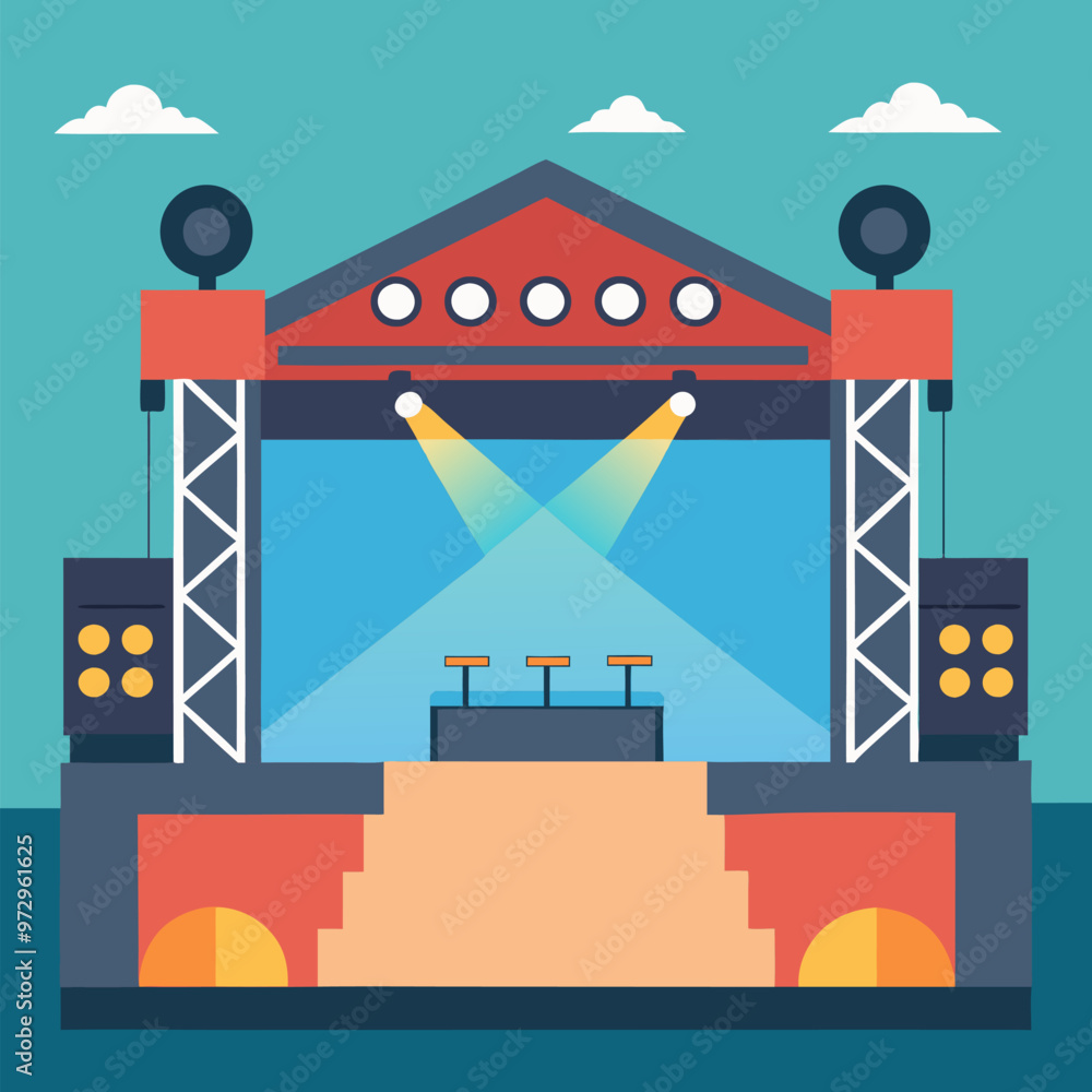 Concert stage with screen illuminated by spotlights. Vector cartoon ...
