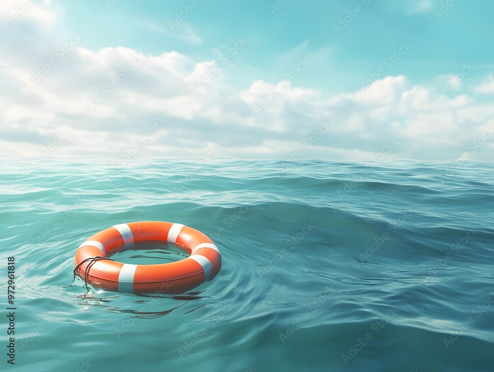 Lifebuoy floating calmly on serene water under a blue sky. A symbol of ...