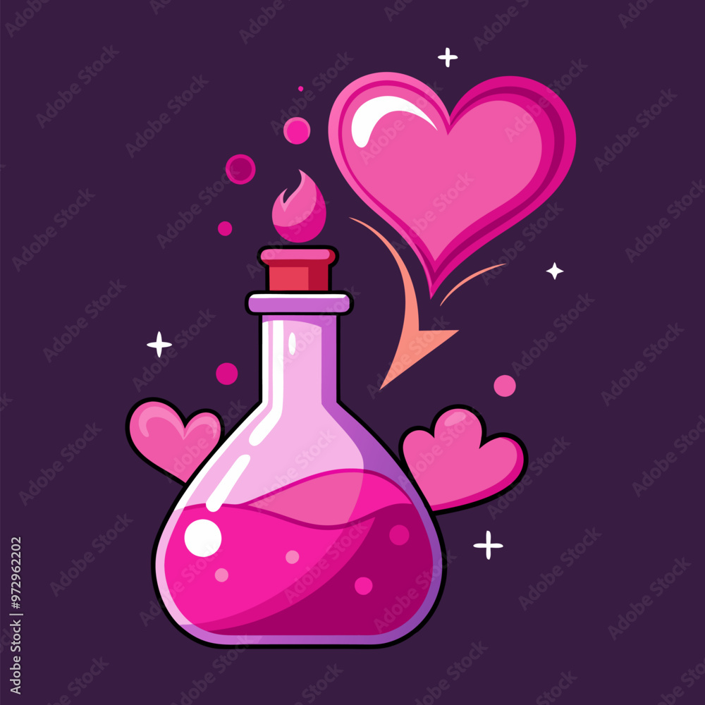 Magic pink love elixir in bottle with heart shaped smoke. Cartoon game ...
