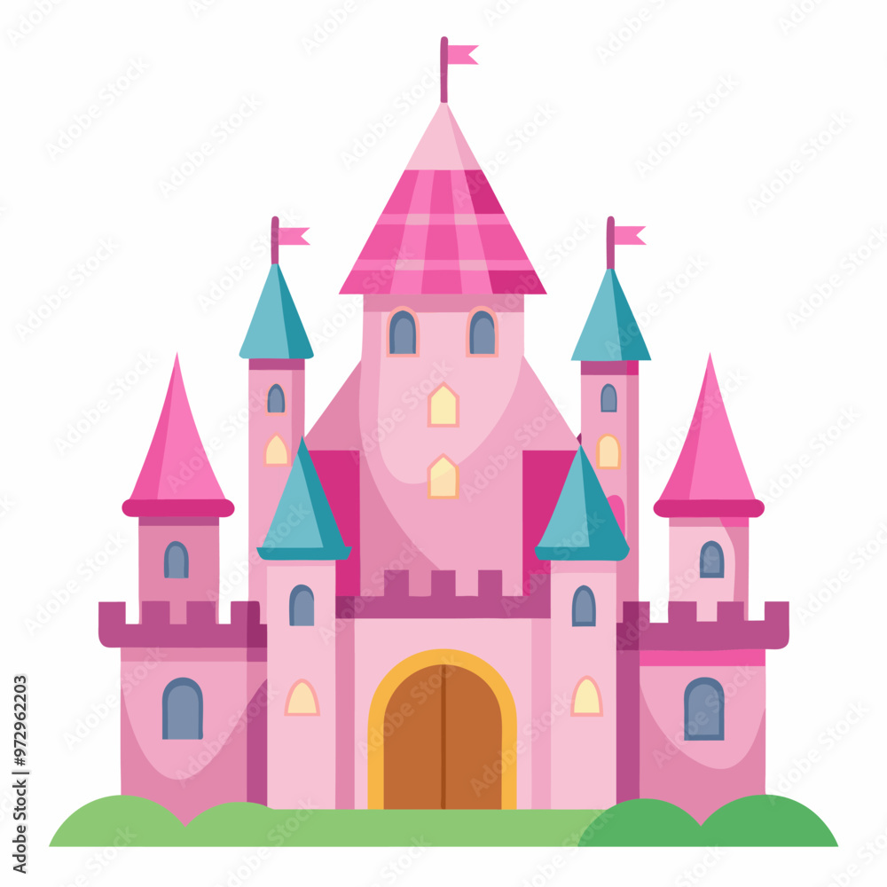 Fairy tale pink princess castle cartoon vector set. Magic fairytale ...