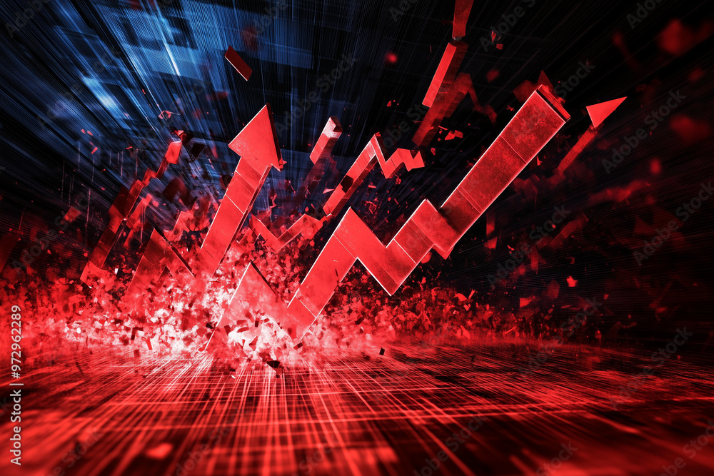 Stock market crash abstract, red arrows diving into a dark abyss ...