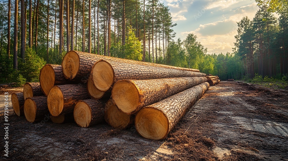 forestry scene with a pile of pine log trunks, logging timber wood ...