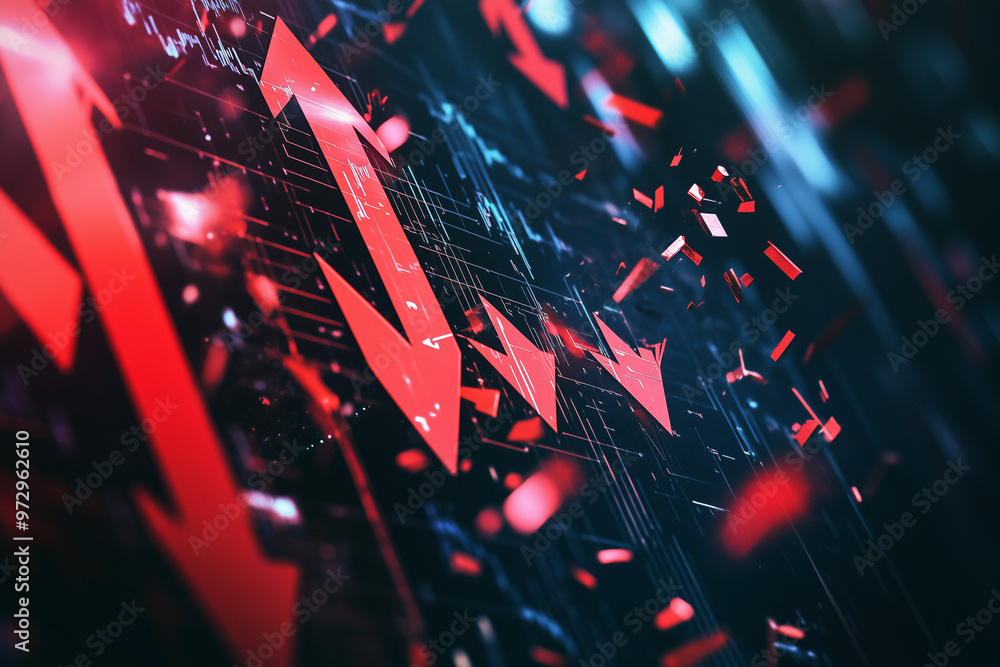 Stock market crash abstract, red arrows diving into a dark abyss ...