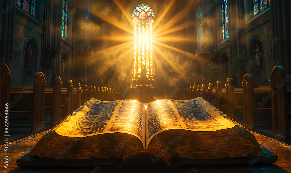 “Open Bible on Altar: Religious Symbolism in Front of a Pulpit in a ...