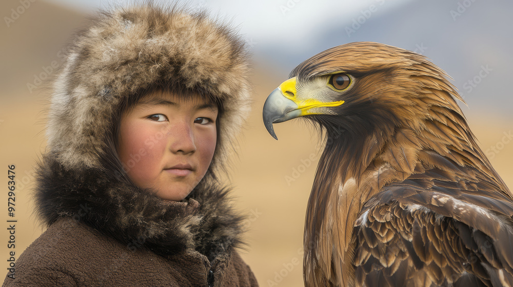 Young Mongolian hunter learning the art of eagle hunting, the bond ...