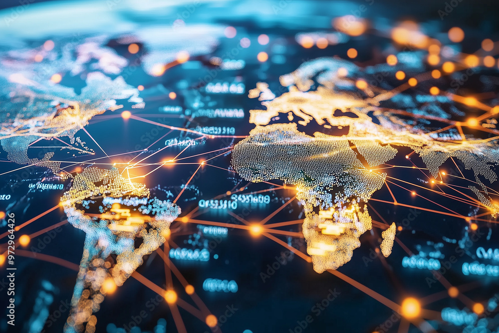Global economy visualization, interconnected continents with glowing ...