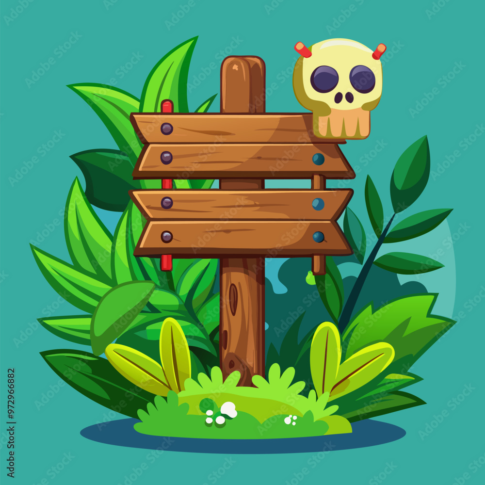 Vetor de Wooden signboard with green leaves and skull for game ui ...