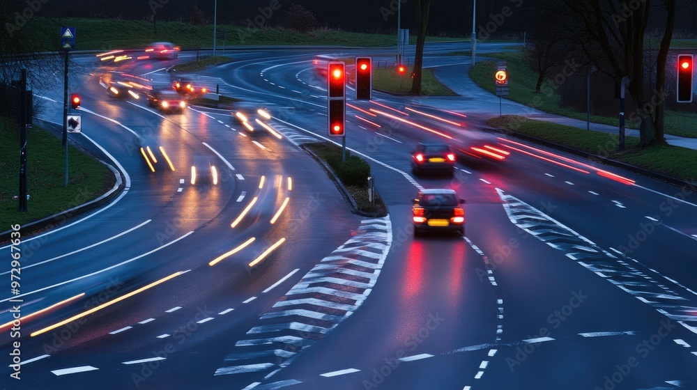 A professional image of traffic lights and road markings at a ...