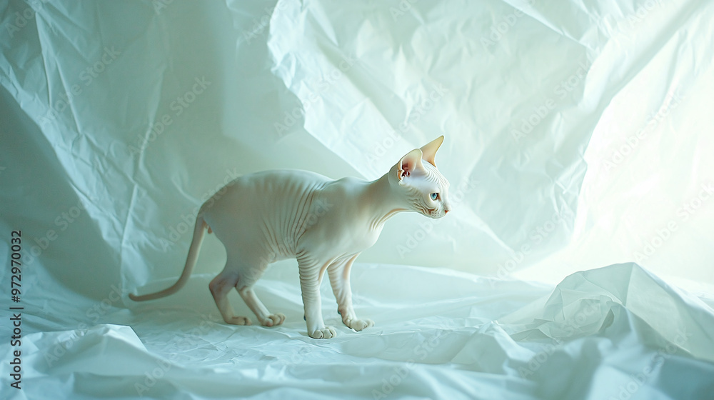Low-angle view of a Sphynx Cat exploring a new space, portrayed in a ...