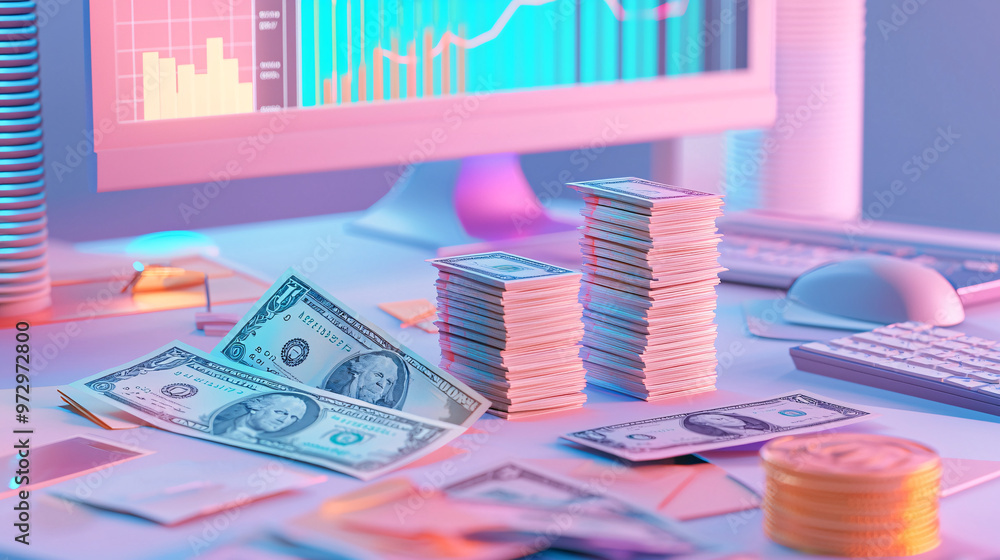 3D model of a financial analytics dashboard with floating stacks of ...