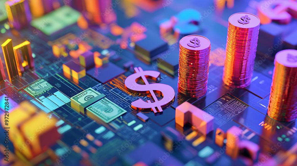 3D model of a financial portfolio with floating 3D cash stacks ...