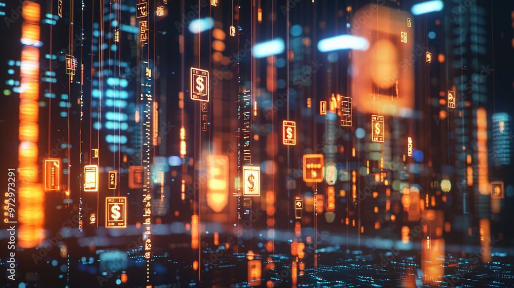 3D-rendered scene of a high-tech financial center with floating ...