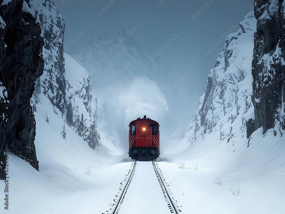 Train plunging through a snow-filled gorge, towering rock walls on ...