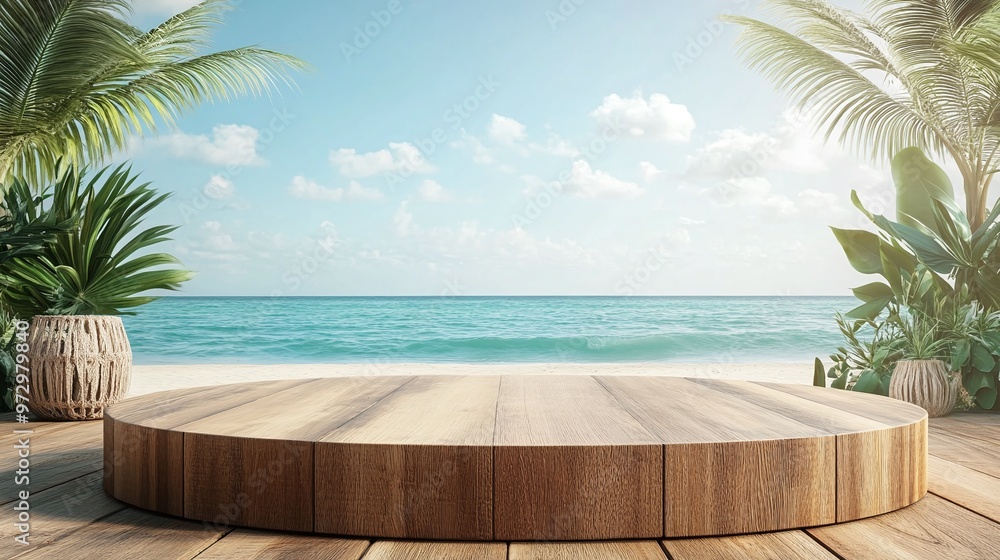 tropical summer beach background with wooden podium for product display ...