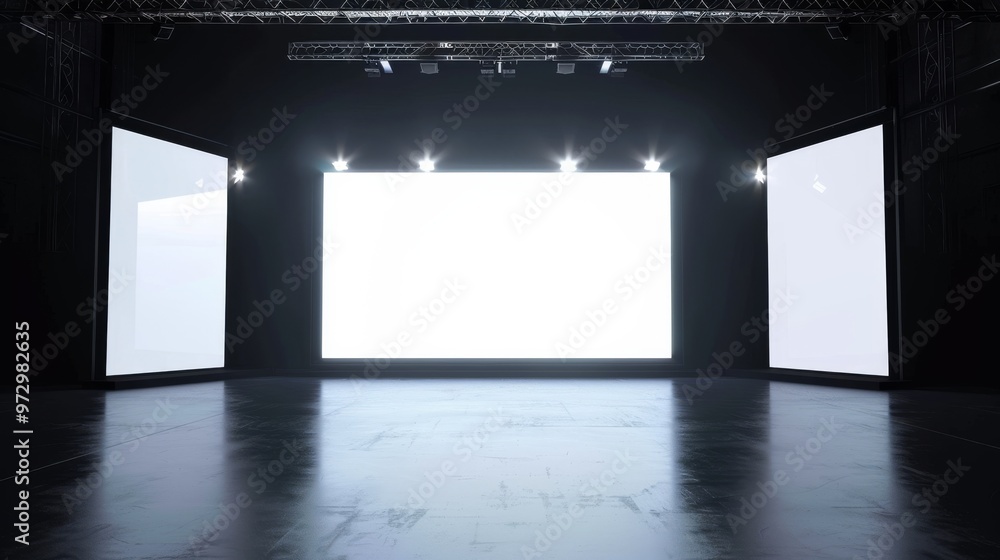 Realistic 4K Photo of a Stage with Large White Screens Stock ...