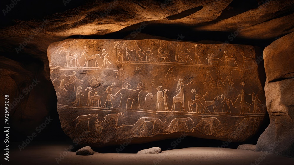 Rock paintings in a cave left by Neanderthals ancient people ...