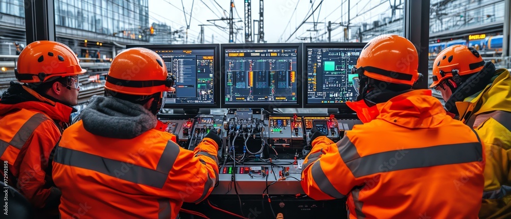 Engineers monitor train operations in a control room, showcasing ...