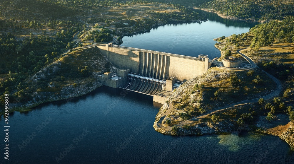 An aerial view of a dam creating a large reservoir with surrounding ...